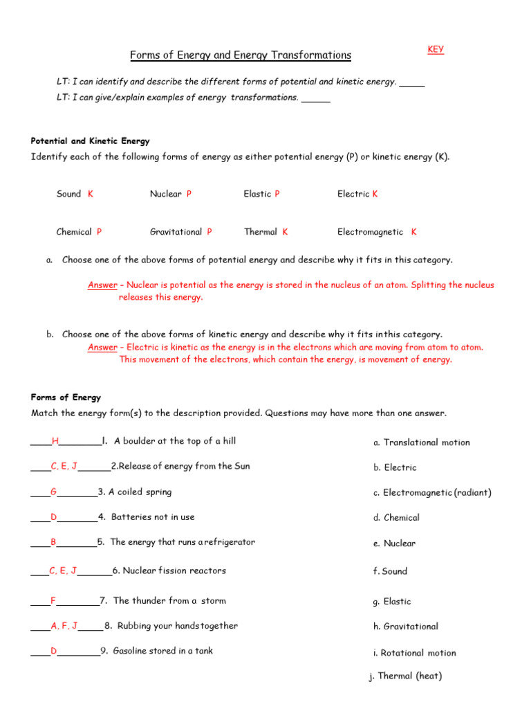 Worksheet - Review - Forms of Energy and Transformations - Answers | PDF