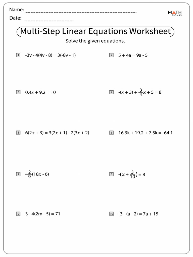 Solving Multi Step Linear Equations Worksheet | PDF
