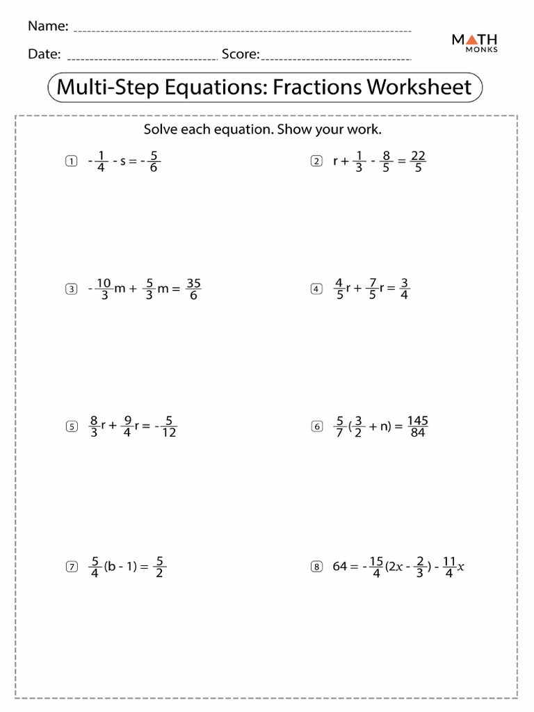 Multi Step Equations With Fractions Worksheet | PDF