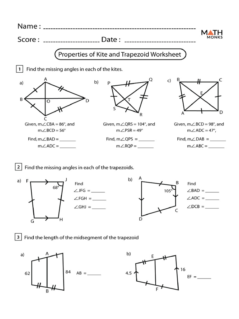 Trapezoid and Kite Properties Worksheet | PDF