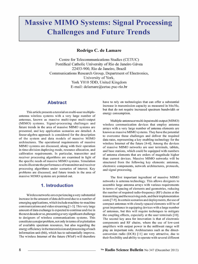 Massive MIMO Systems Signal Processing Challenges and Future Trends | PDF