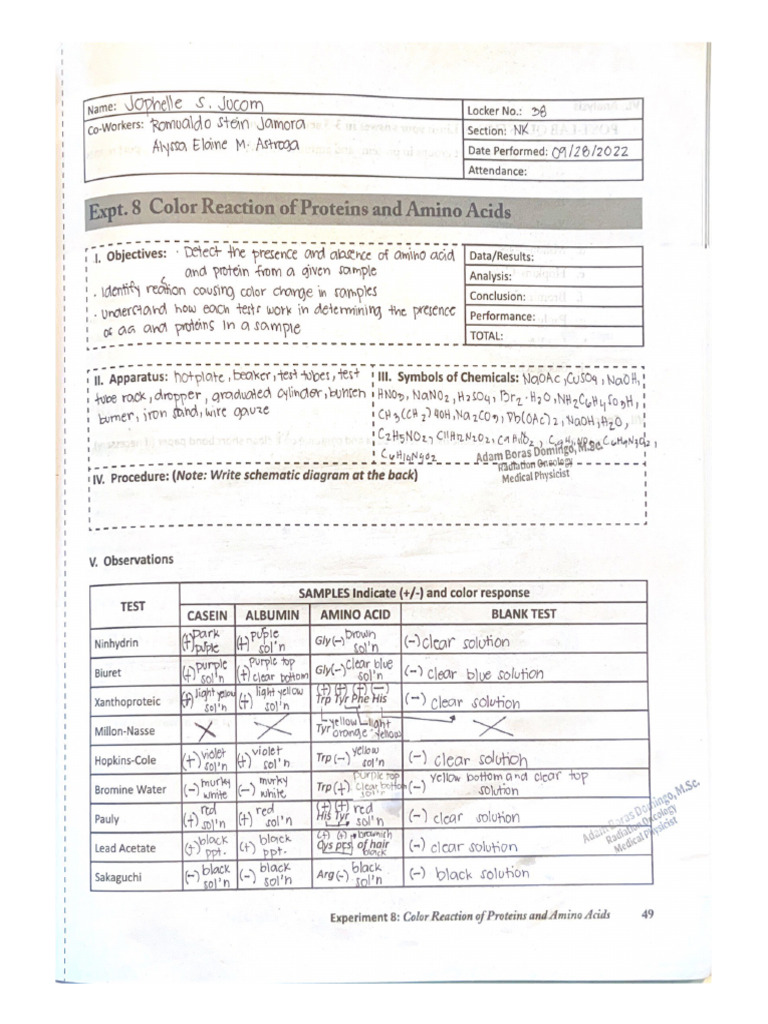JUCOM - Expt. 8 Color Reaction of Proteins and Amino Acids | PDF
