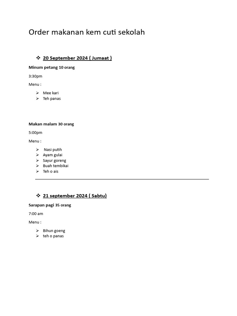 Order Makanan Kem Cuti Sekolah | PDF
