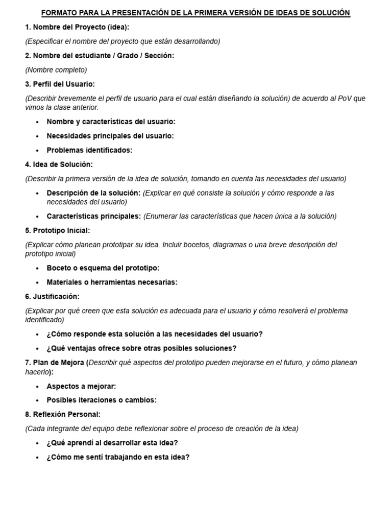 Formato para La Presentación de La Primera Versión de Ideas de Solución ...