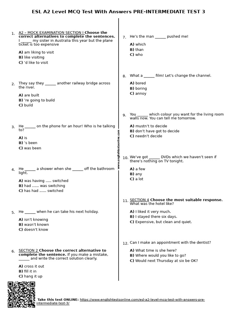 679 - Esl A2 Level MCQ Test With Answers Pre Intermediate Test 3 | PDF