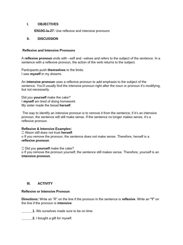 Reflexive Intensive Pronoun Modules | PDF | Pronoun | Language Arts ...