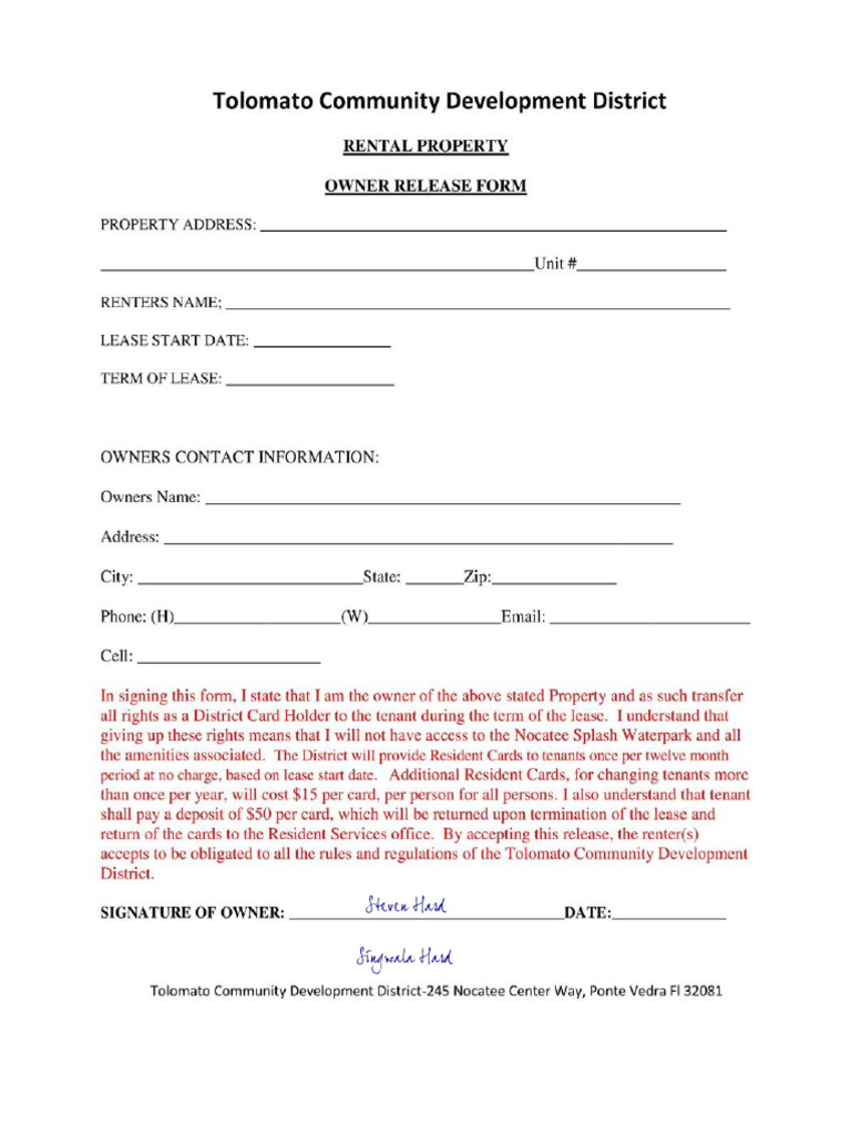 Nocatee - Owner Release Form 092419 | PDF
