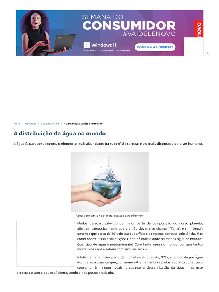 A Distribuição Da Água No Mundo. A Água Na Superfície Terrestre | PDF