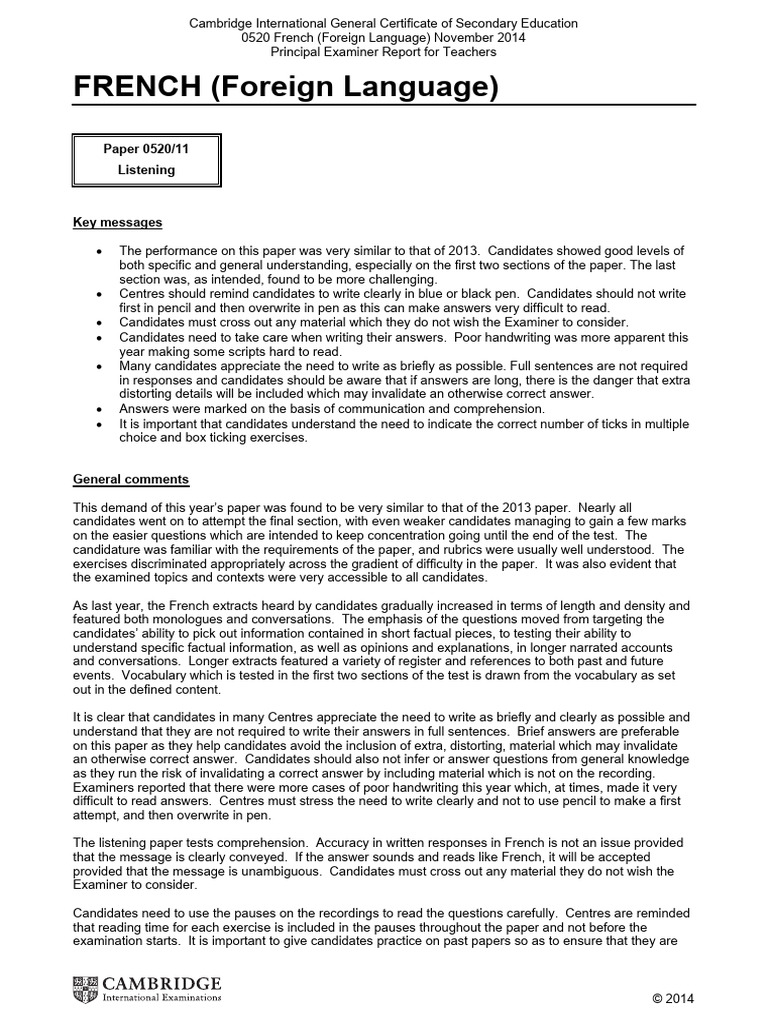 FRENCH (Foreign Language) : Paper 0520/11 Listening | PDF