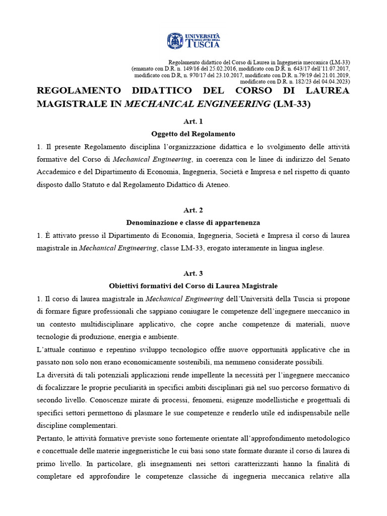 Reg - To Did. Ing. Mecc. LM33 2023 | PDF