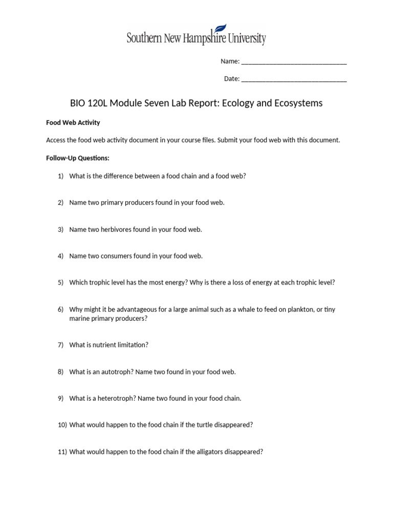 BIO 120L M7 Food Web Activity Lab Report | PDF
