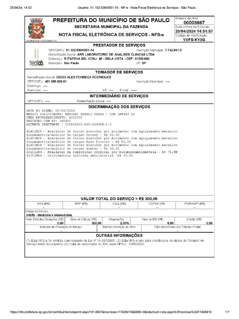 NF EXAMES 3667 - 300 - Diego Alex Fonseca Rodrigues | PDF