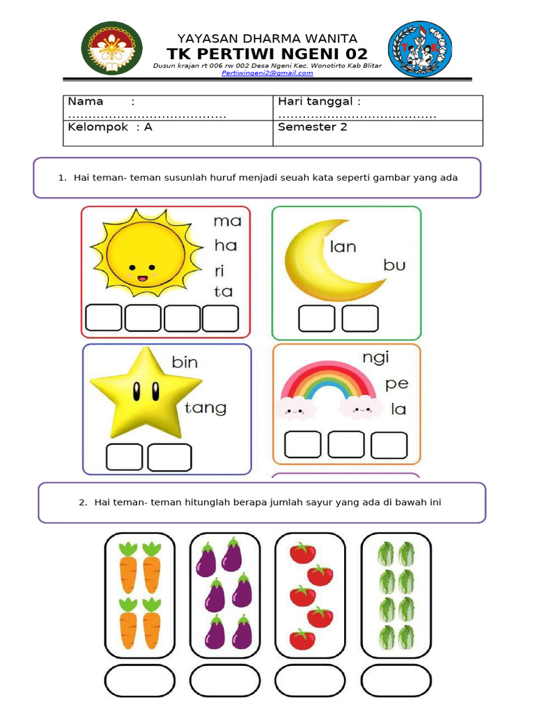 TK Pertiwi Ngeni 02: Nama: Hari Tanggal: Kelompok: A Semester 2 | PDF