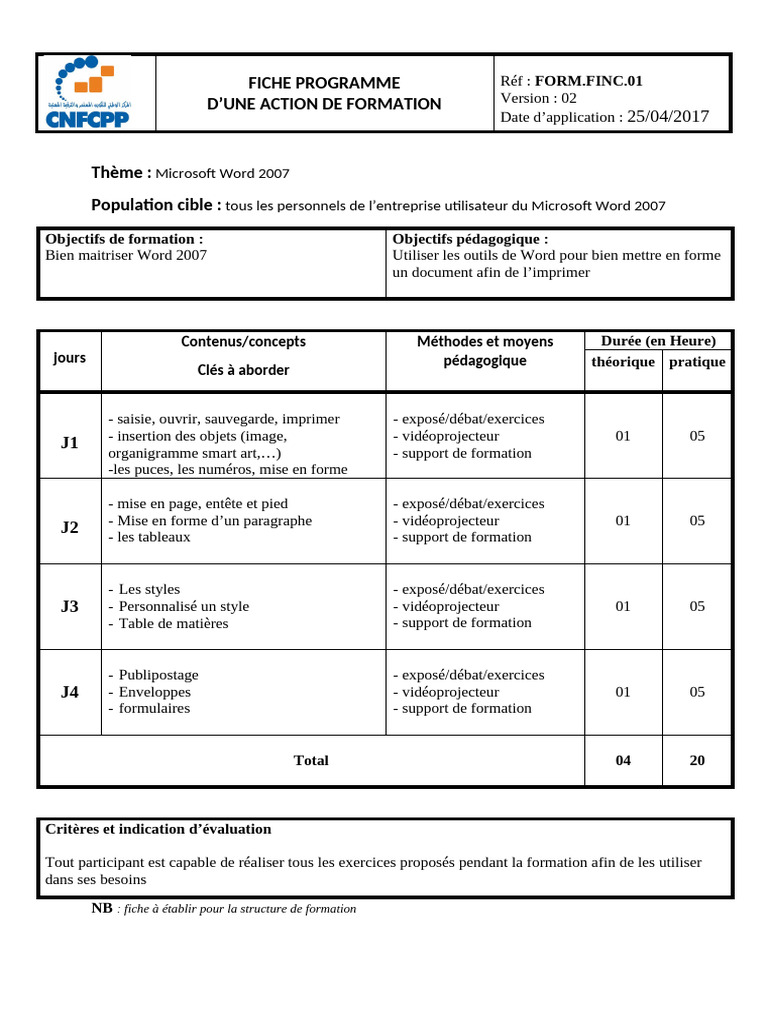 FICHE PROGRAMME Word | PDF