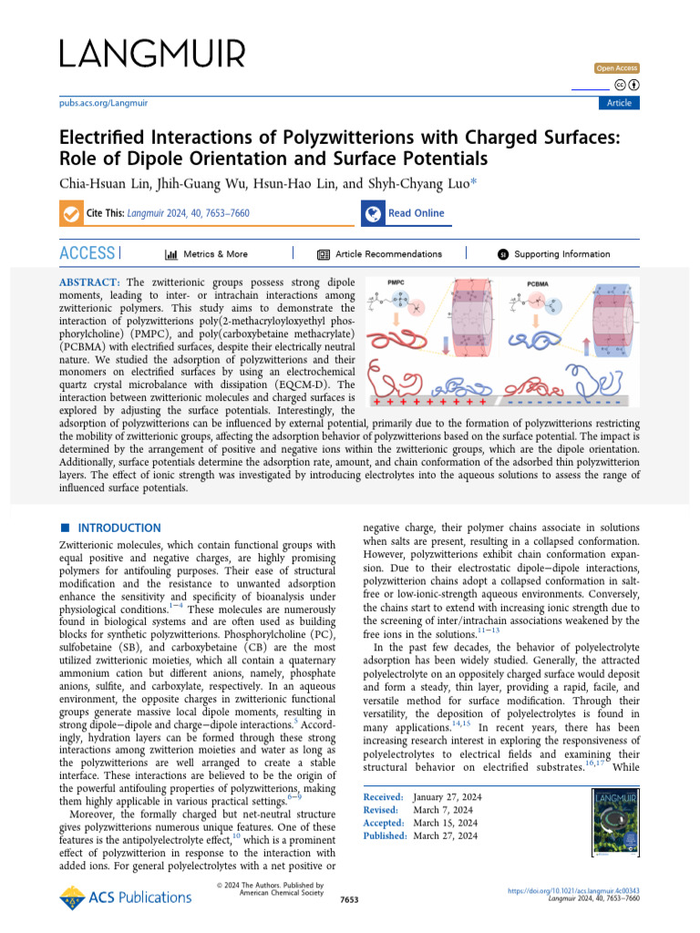 Lin Et Al 2024 Electrified Interactions of Polyzwitterions With Charged Surfaces Role of Dipole ...