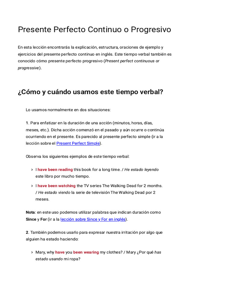 Presente Perfecto Continuo o Progresivo_ Ejemplos y Ejercicios (1) | PDF