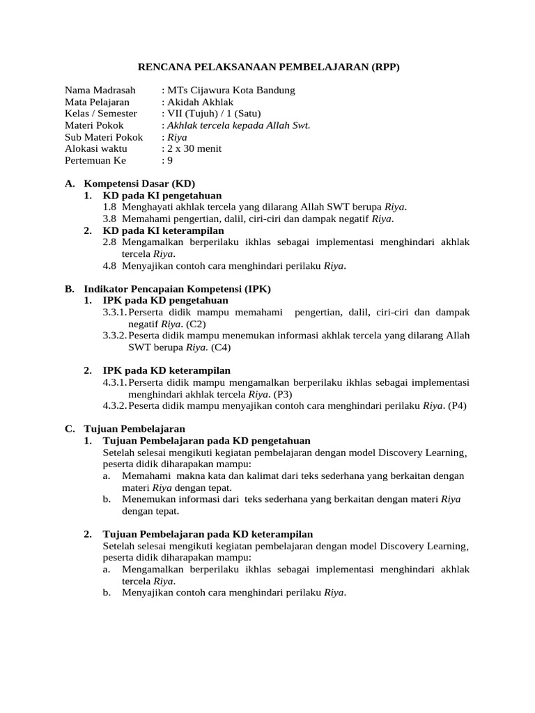 RPP Akidah Akhlak (Akhlak Tercela Kepada Allah) | PDF