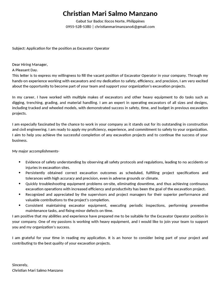 Christian Cover Letter For Excavator Operator | PDF