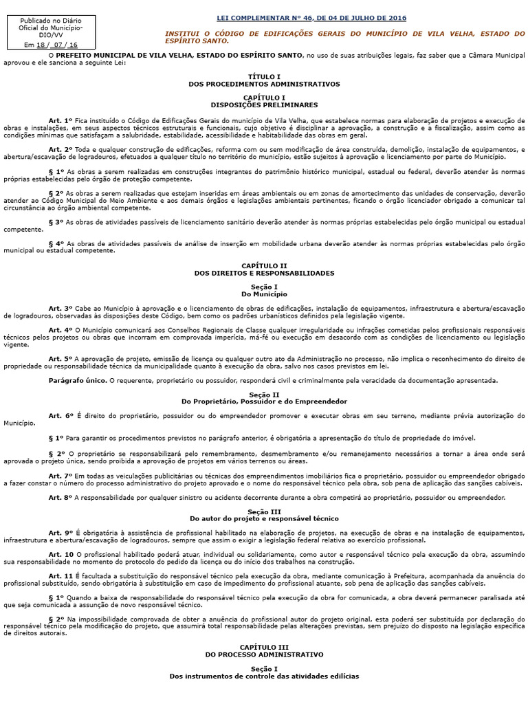 Lei Complementar 46 - 2016 04-07-2016 Vila Velha | PDF