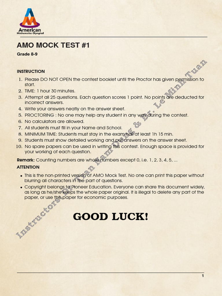 AMO Mock Test #1 - Grade 8-9 | PDF