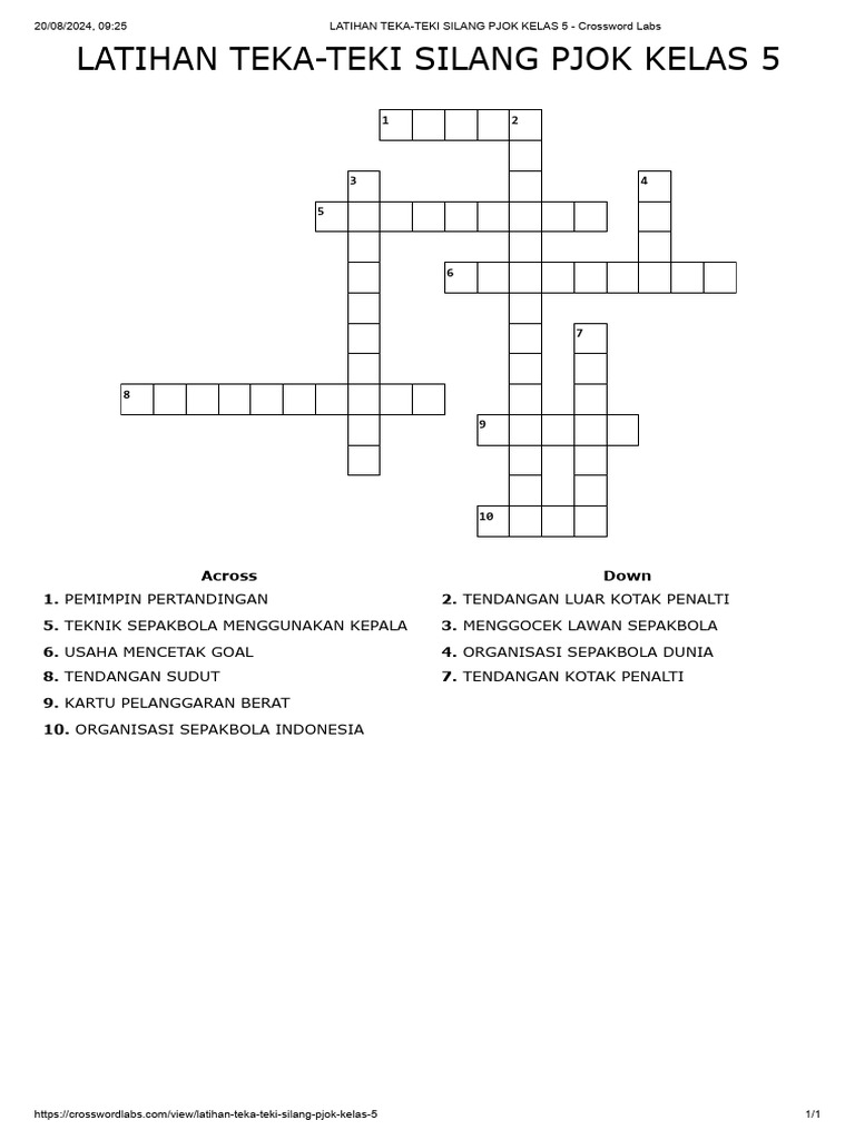 Latihan Teka-Teki Silang Pjok Kelas 5 - Crossword Labs | PDF