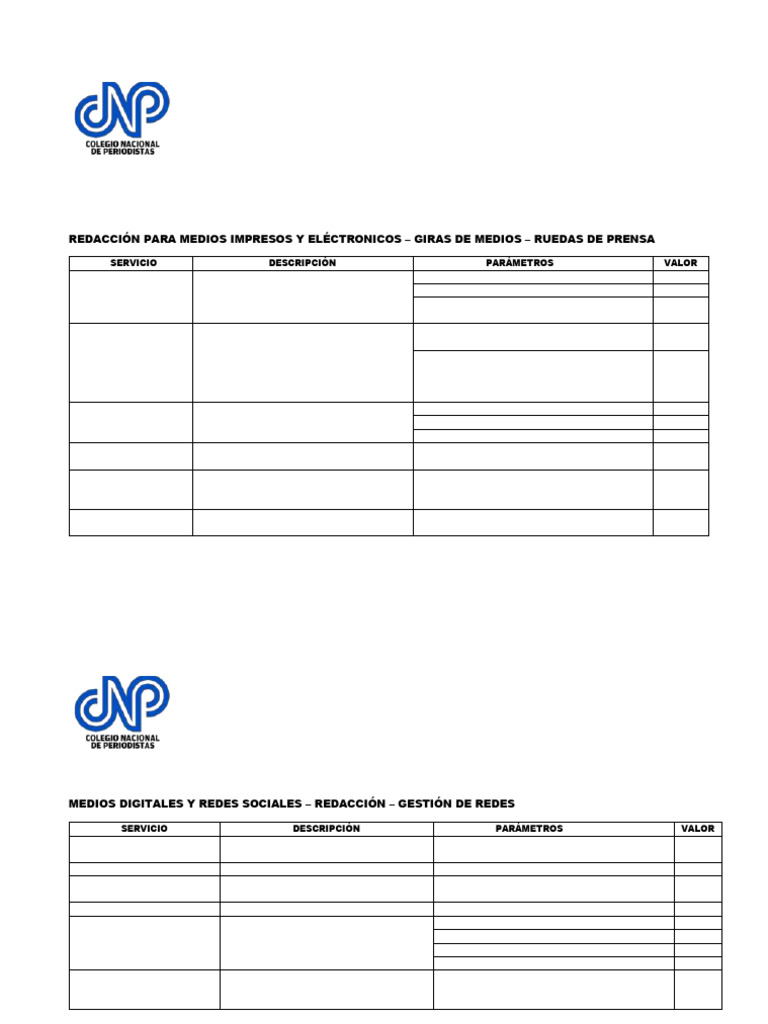 Tabla Honorarios Profesionales CNP 2 | PDF | Radiodifusión
