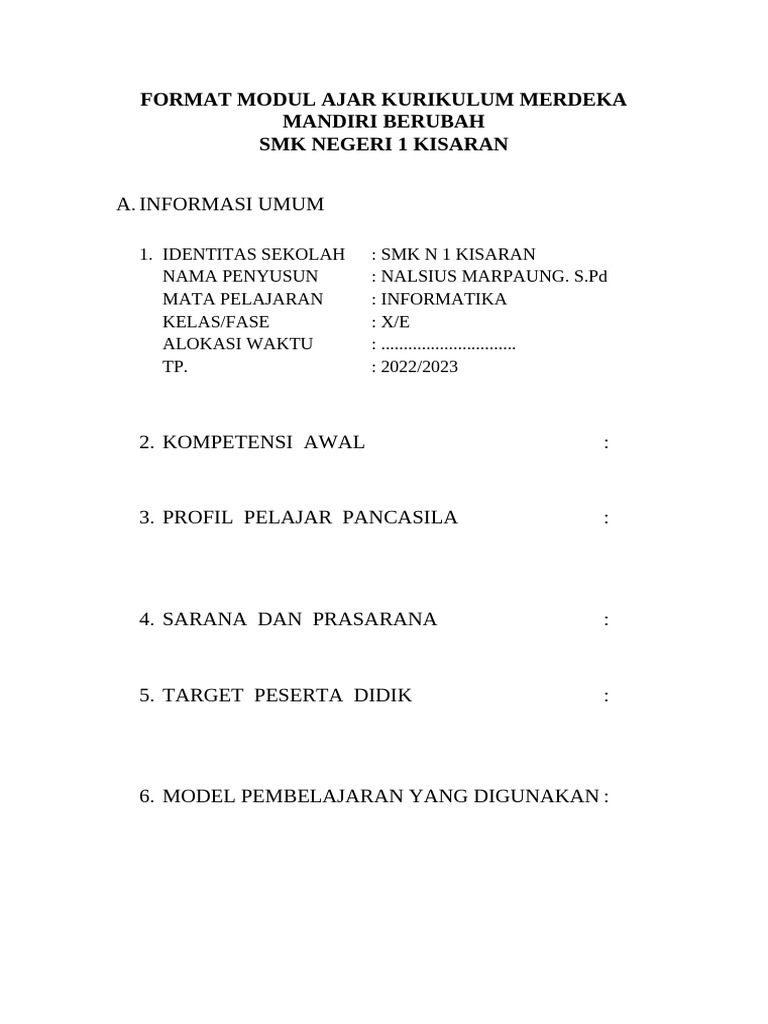 Format Modul Ajar Kurikulum Merdeka 2022 | PDF