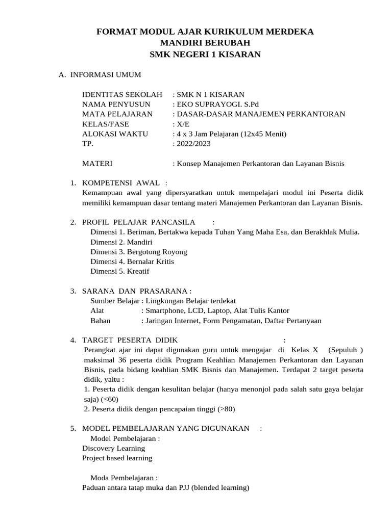Format Modul Ajar 1 Kurikulum Merdeka 2022 | PDF