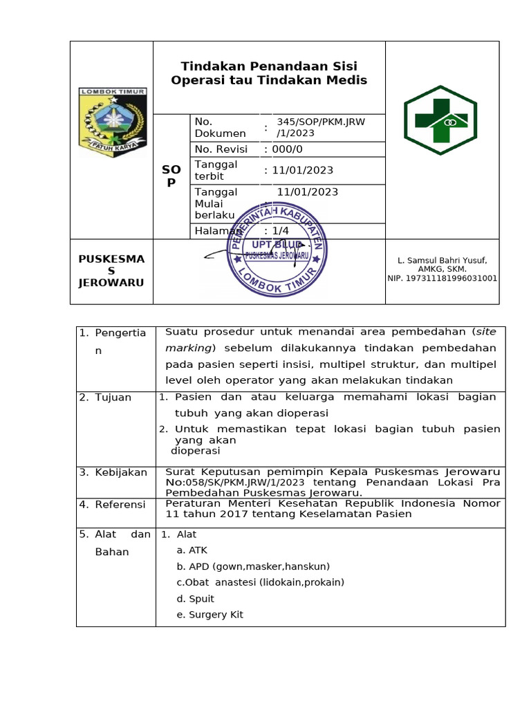 sop penandaan sisi operasi dan tindakan medis | PDF