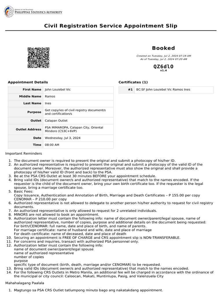 Civil Registration Service Appointment Slip: Qz6Dlo | PDF