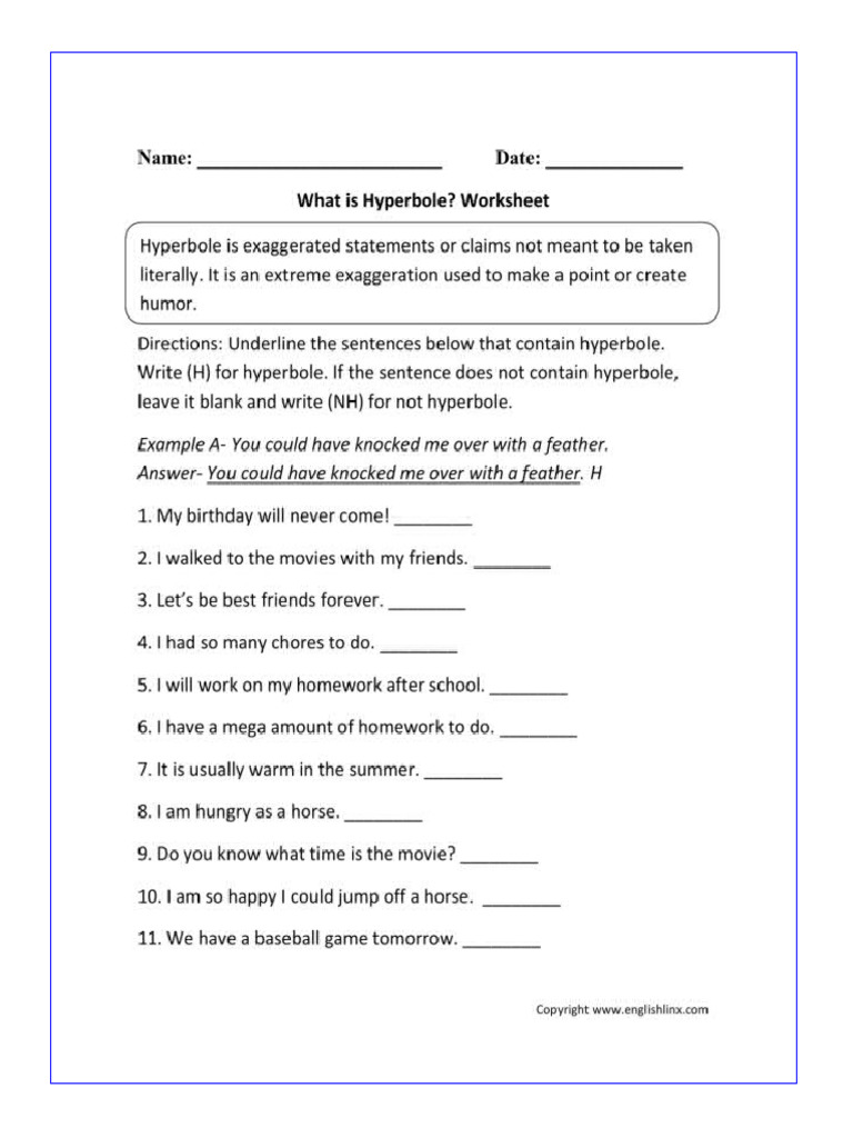 Hyperbole and Irony Worksheet | PDF
