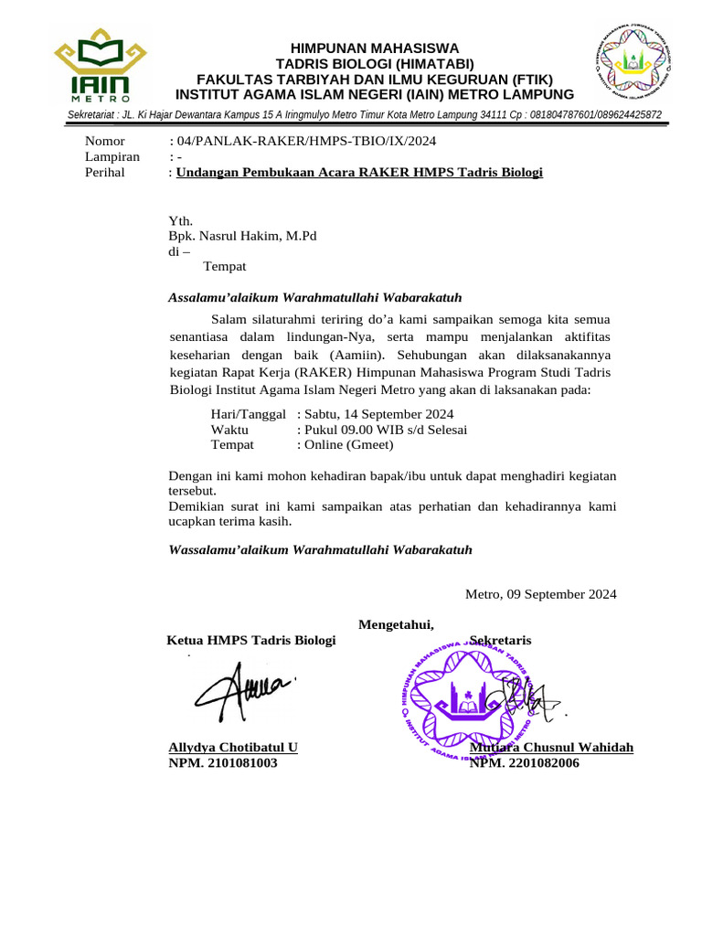 Surat Undangan Raker (2024) Kaprodi | PDF