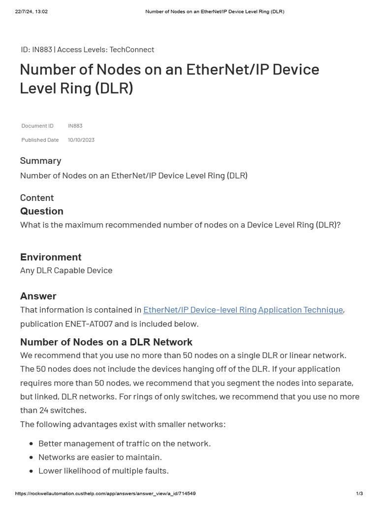 Number of Nodes On An EtherNet - IP Device Level Ring (DLR) | PDF