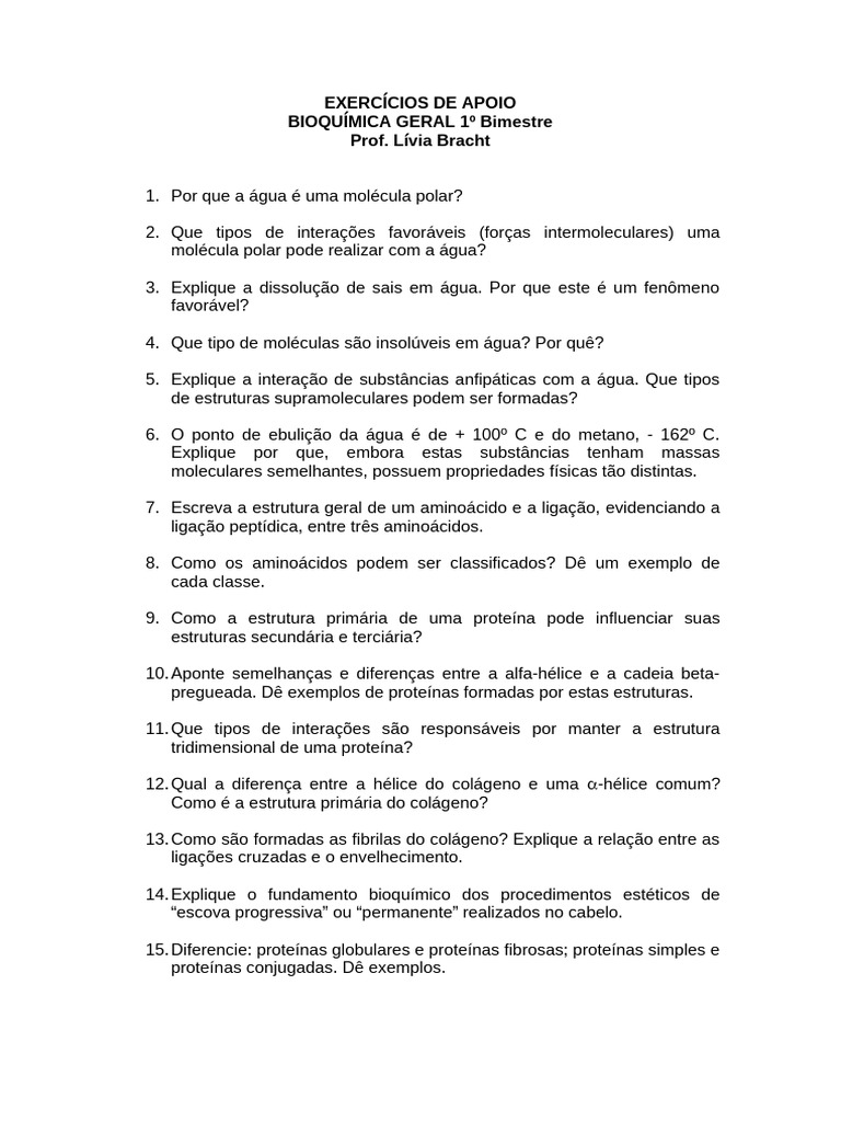 Bioquimica Lista Exercicio 2 Agua Aas Prot Enz | PDF
