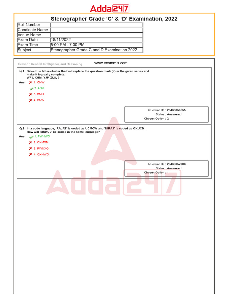 SSC Stenographer Question Paper 18 November 2022 3rd Shift in English | PDF