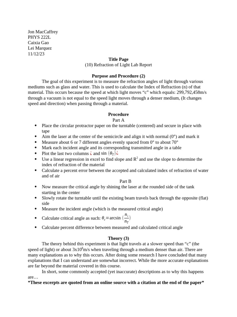Refraction Of Light Lab Report Pdf