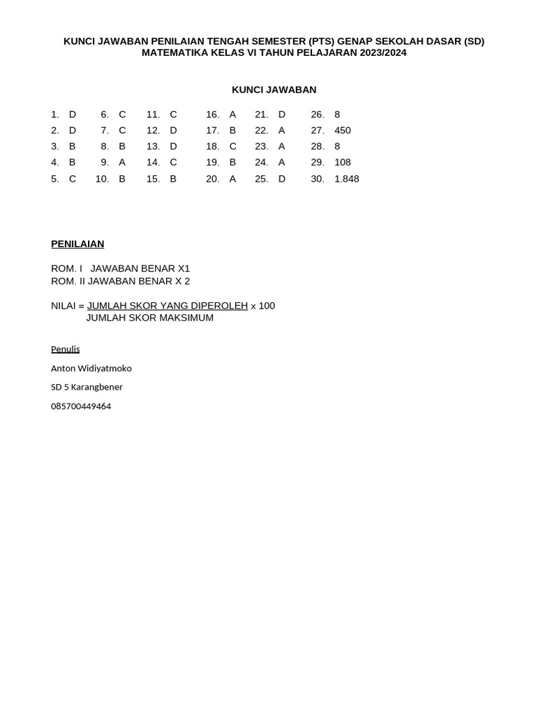 4 Kunci Jawaban Pts Kls 6 | PDF