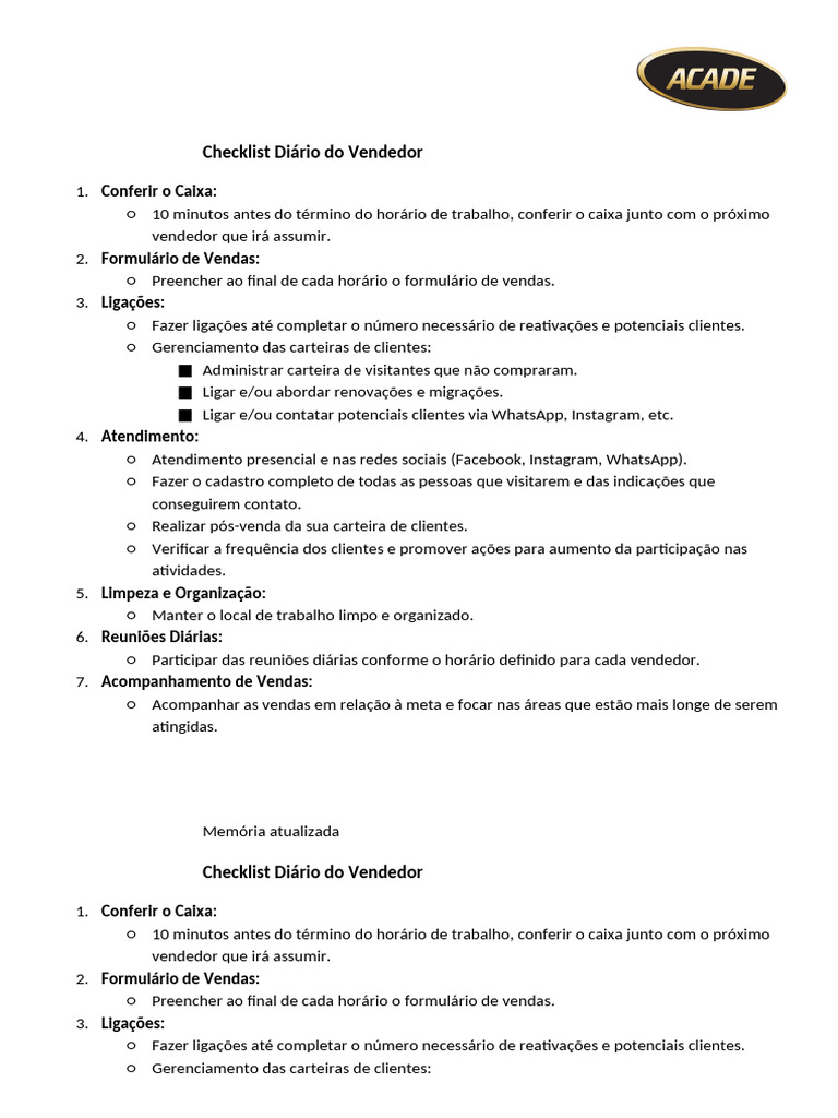 Checklist DiÃ¡rio do Vendedor | PDF