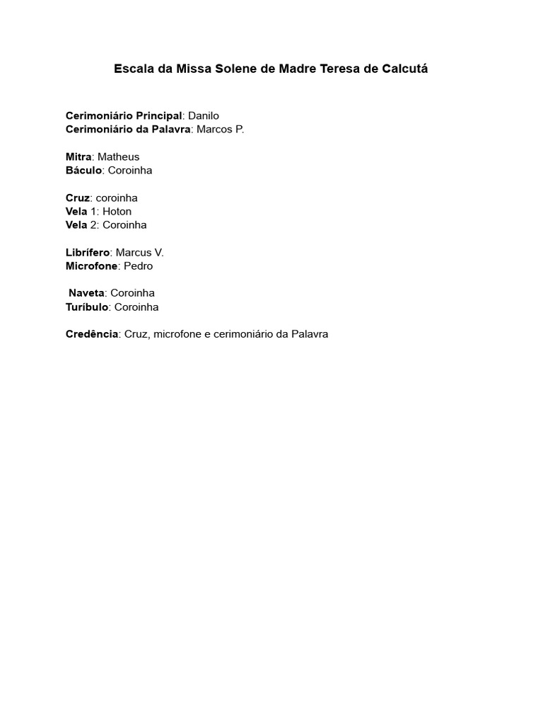 Escala Da Missa Solene de Madre Teresa de Calcutá | PDF