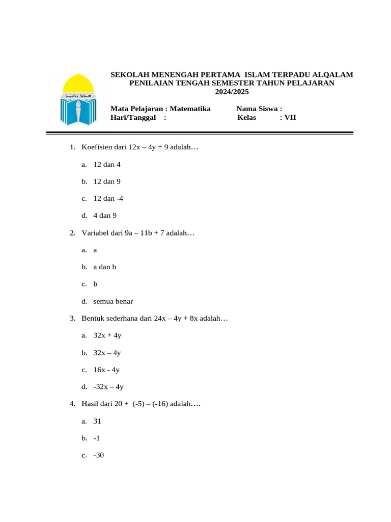 Soal PTS Matematika Kelas Vii | PDF