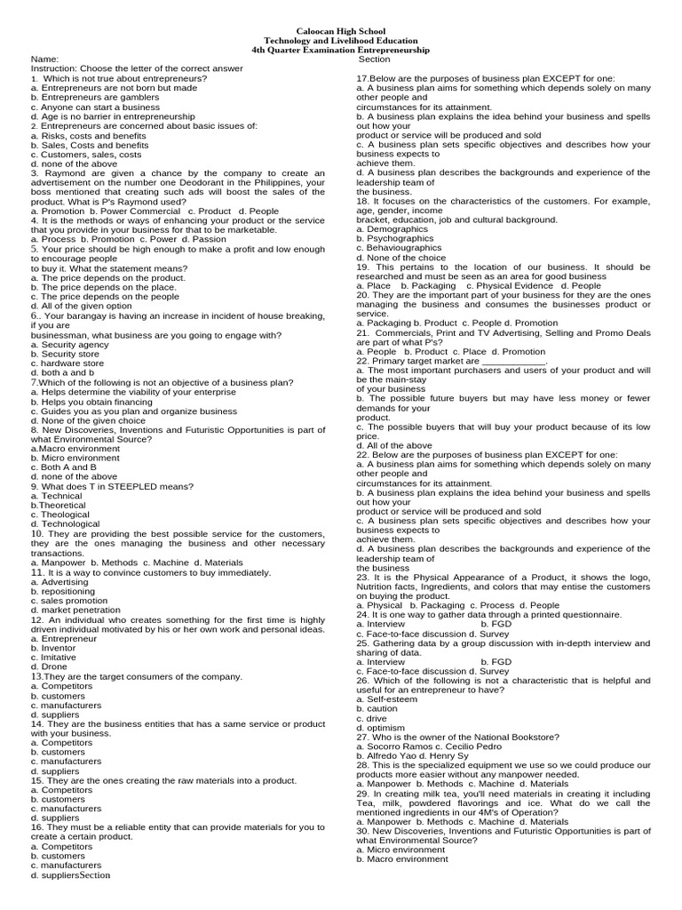 Tle Exam Entrep 4th | PDF