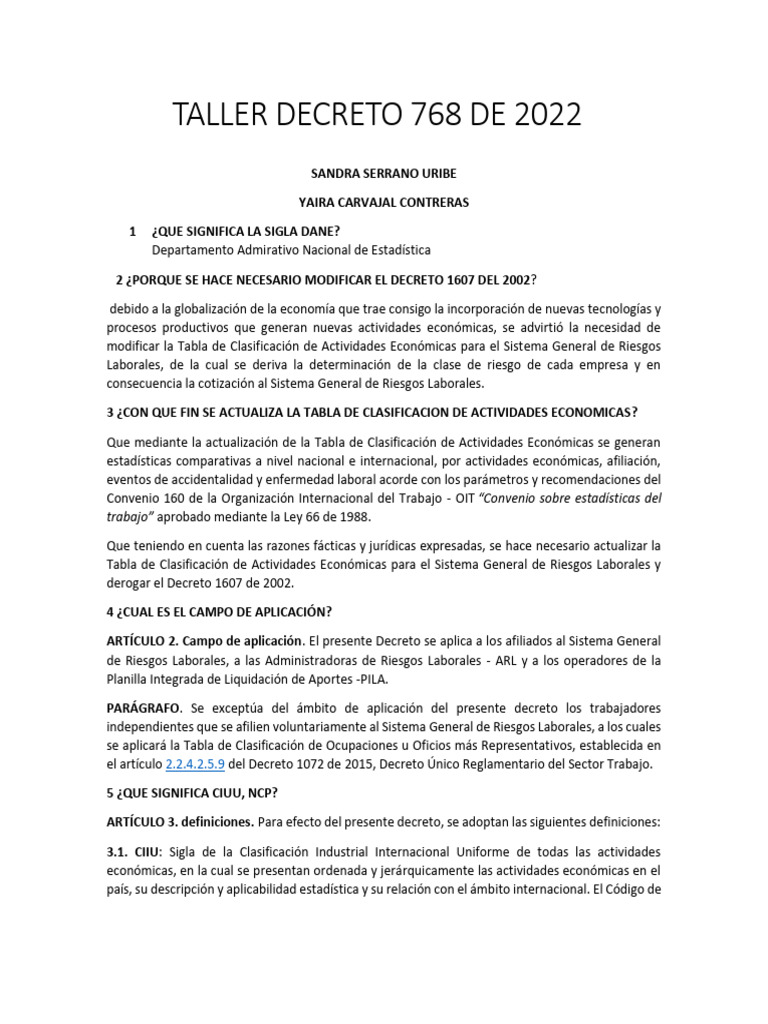 Taller Decreto 768 de 2022 Sandra Serrano y Yaira Carvajal | PDF
