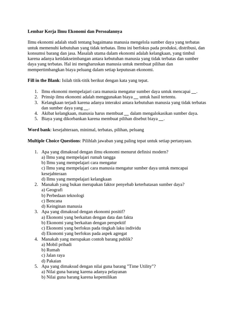 Lembar Kerja Ekonomi Dasar | PDF | Pengelolaan Keuangan & Uang