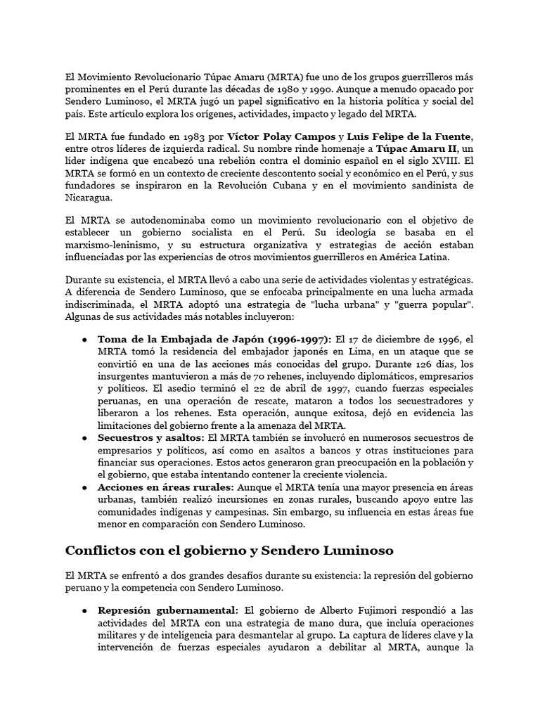 Historia del MRTA en Perú: Orígenes y Legado | PDF | Guerra de ...