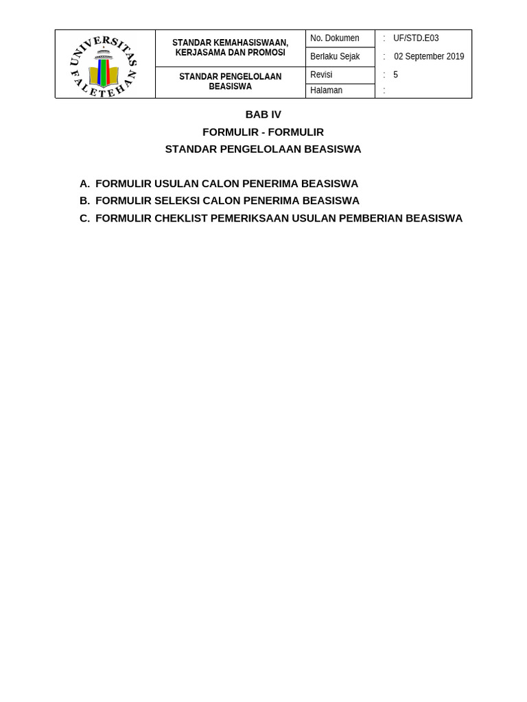 Formulir STANDAR BEASISWA UF | PDF
