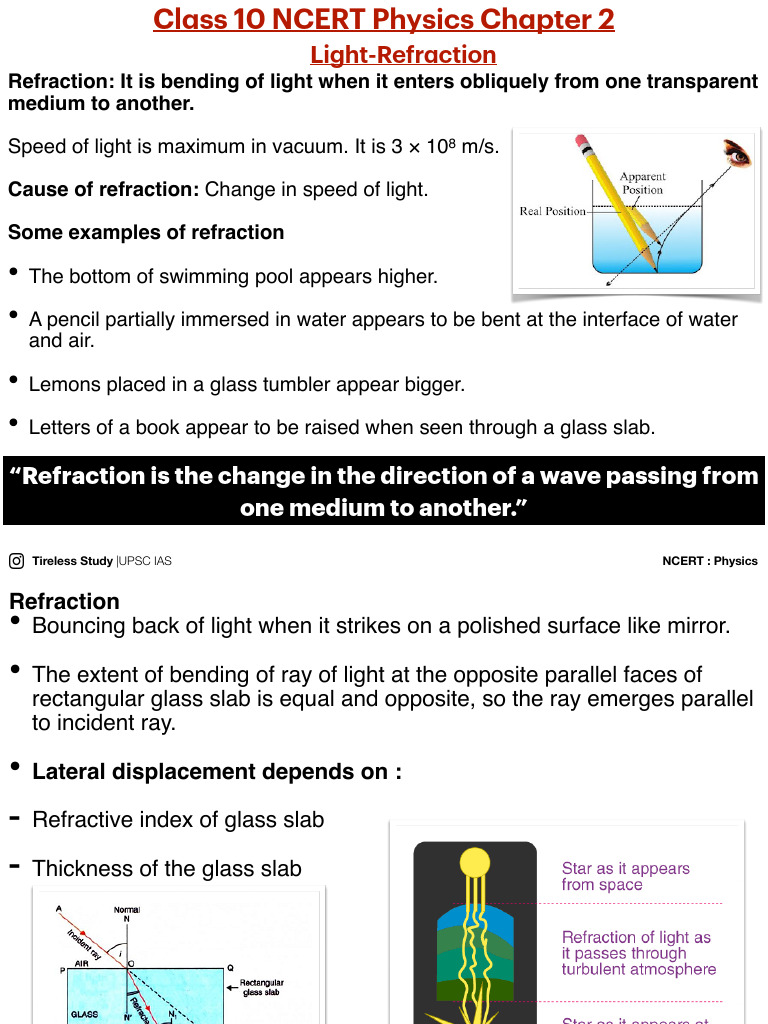 Class 10 NCERT Physics Chapter 2 - Light Refraction | PDF