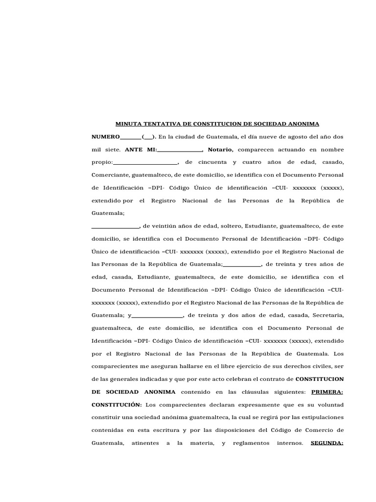 Minuta de Constitucion de Sociedad Anonima | PDF