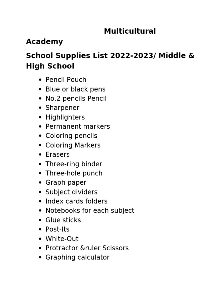MA School Supply List 1 | PDF