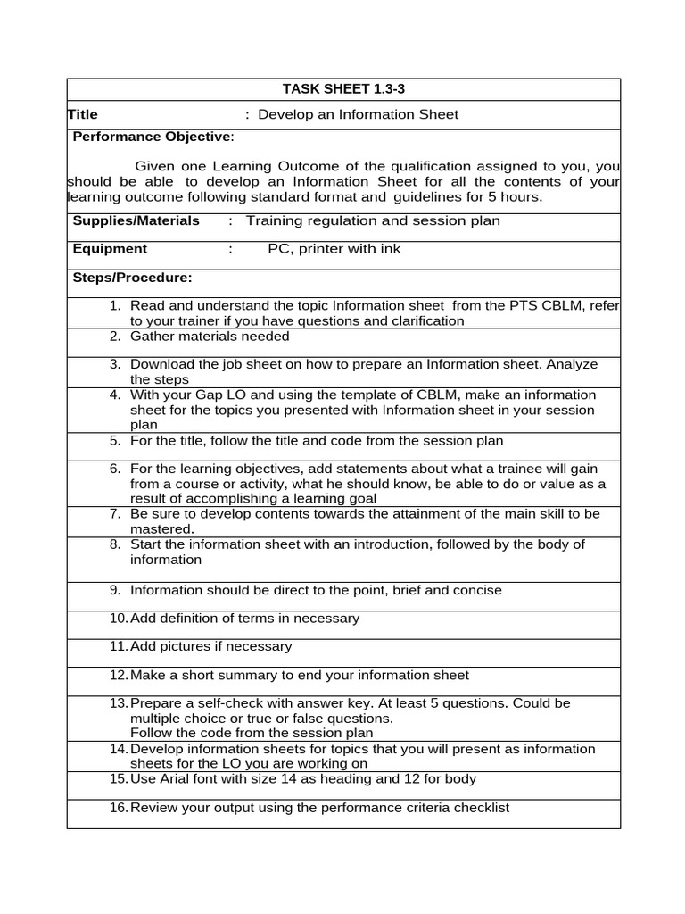 PTS 8b Job Sheet Preparing Information Sheet | PDF