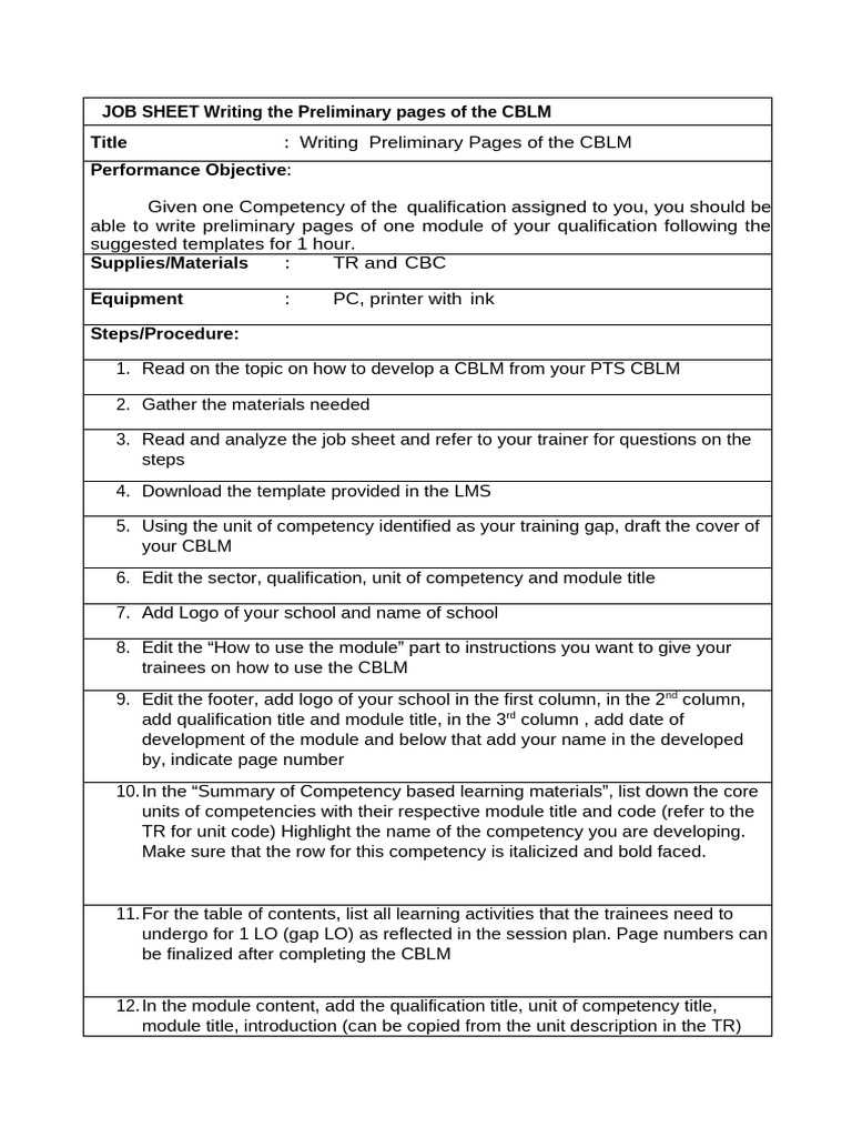 PTS 8a Job Sheet Writing Preliminary Pages of The CBLM | PDF